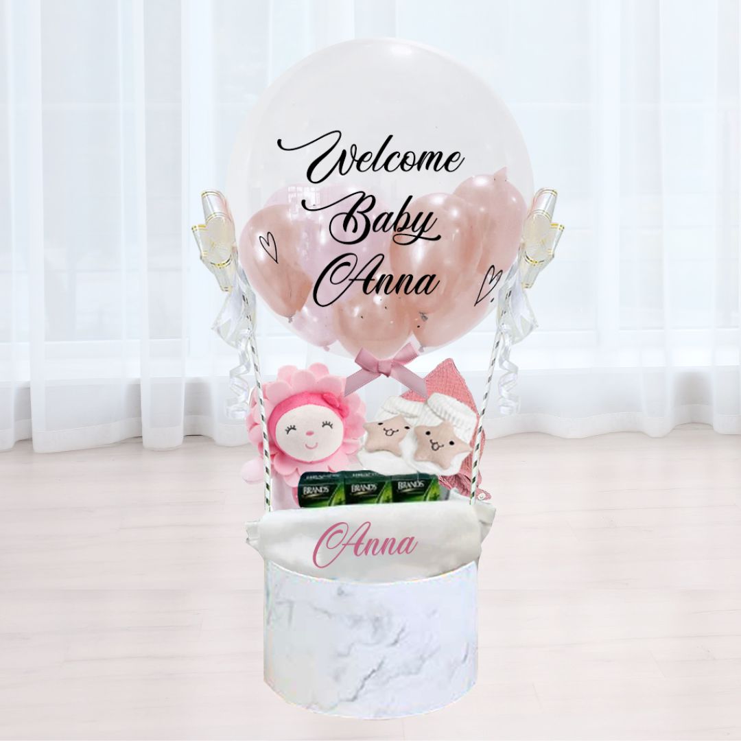 Hot Air Balloon Baby Hamper Pink Sunflower Flower Bouquet - Raw Ribbon